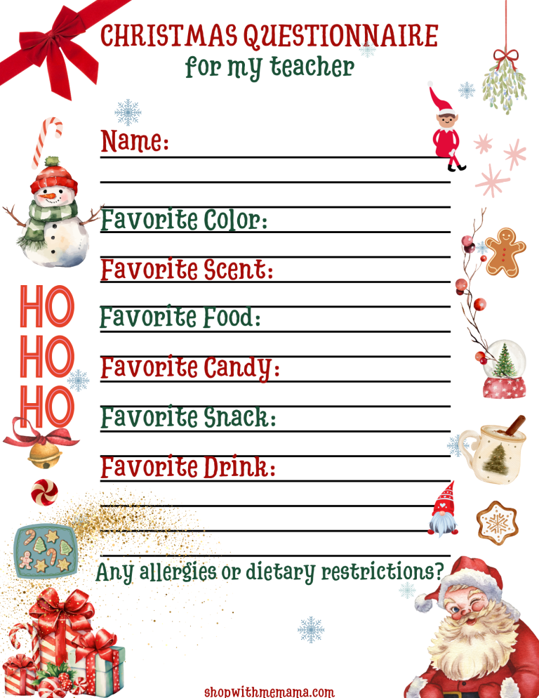 Best Free Printable Teacher Favorite Things Questionnaire - Shop With ...